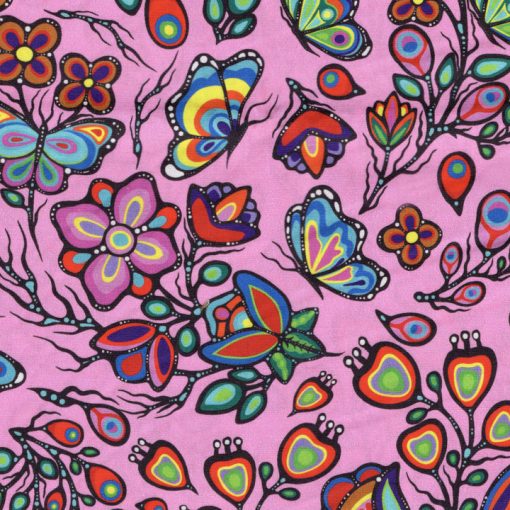 Fleurs Ojibway et papillons JTOF05 - Rose Tissu 100% cotton designer ...